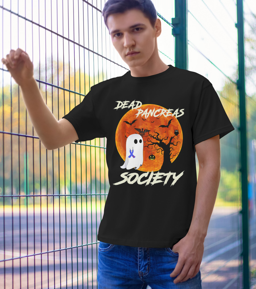 Dead Pancreas Society Ghost Halloween Moon Bats Pumpkin T-Shirt