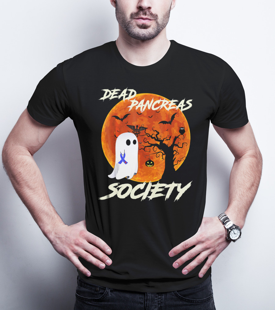 Dead Pancreas Society Ghost Halloween Moon Bats Pumpkin T-Shirt