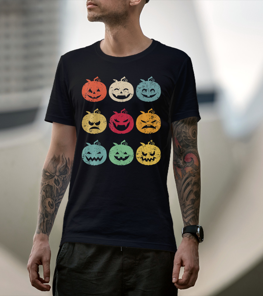 Vintage Pumpkin Emoji Halloween Faces In Nine Colorful Expressions T-Shirt