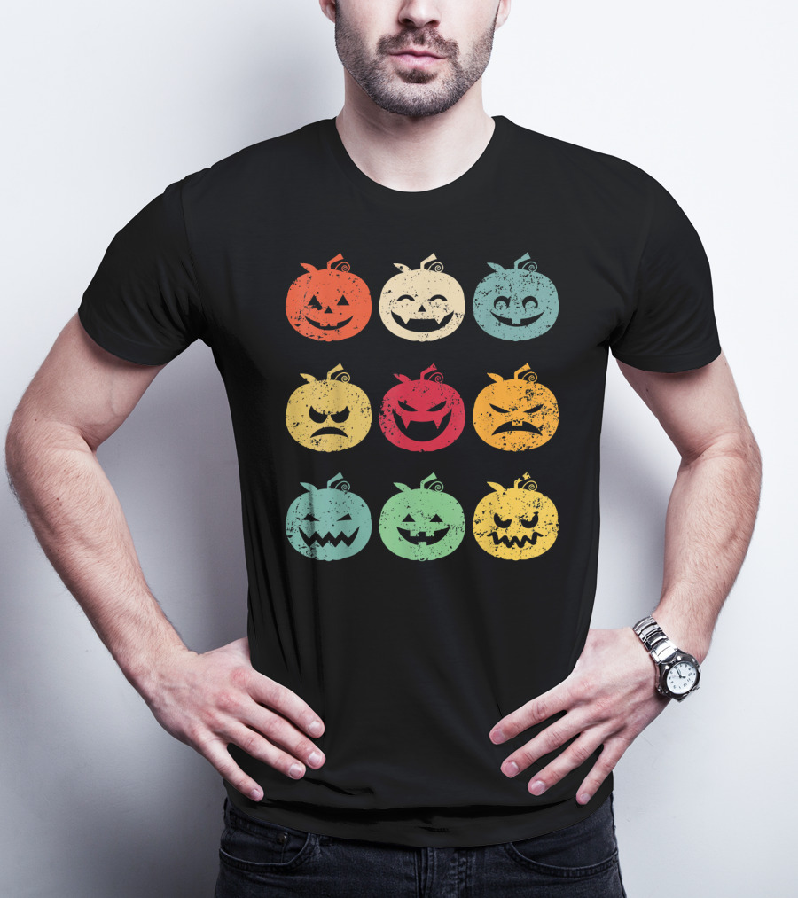 Vintage Pumpkin Emoji Halloween Faces In Nine Colorful Expressions T-Shirt