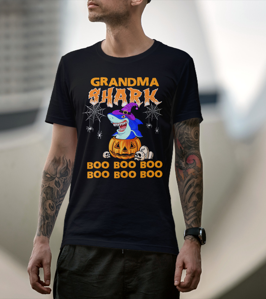 Grandma Shark Halloween Boo Boo Pumpkin Spider Webs T-Shirt