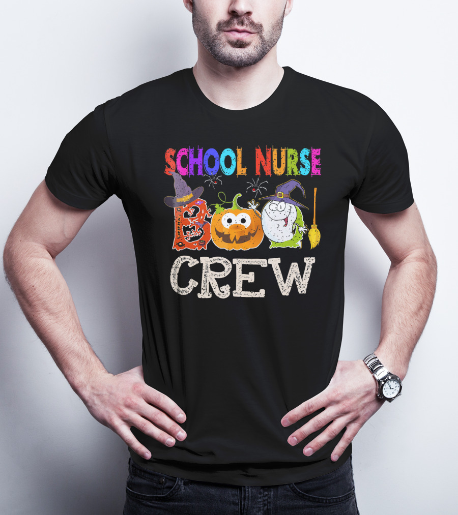 School Nurse Boo Crew Halloween Pumpkin Ghost Witches Hat Broom T-Shirt