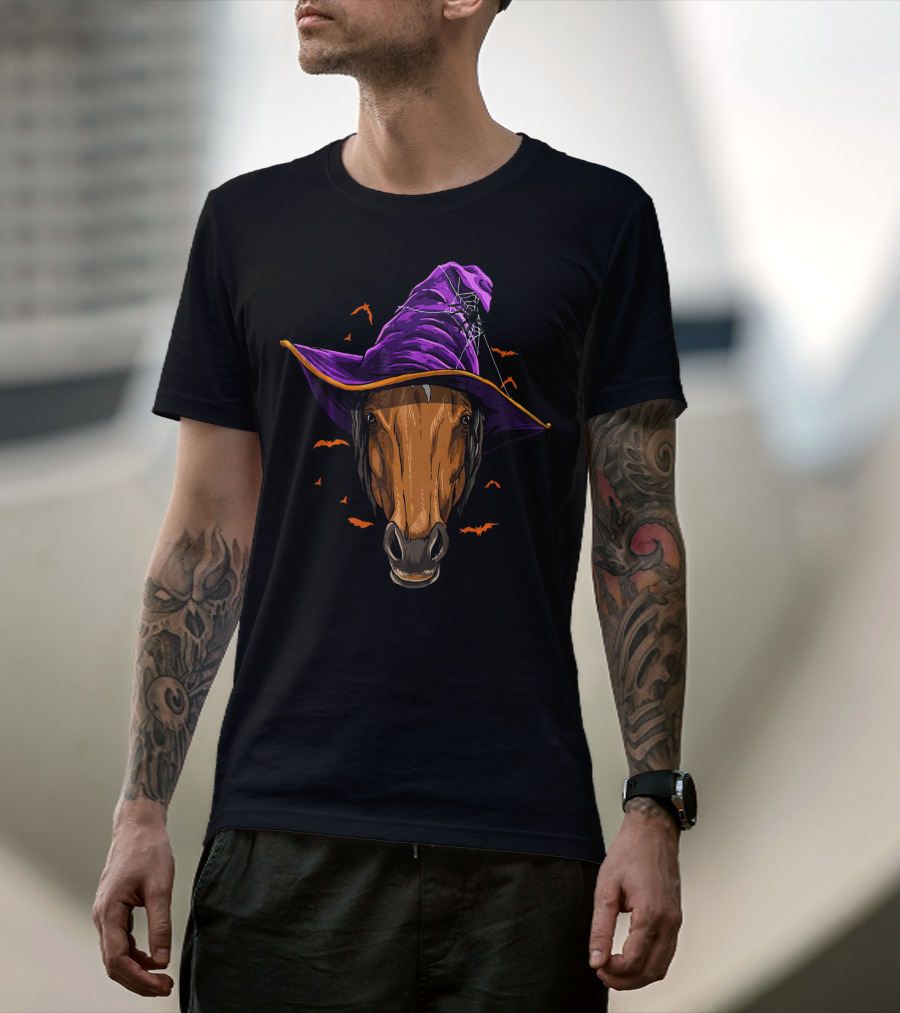 Horse With Purple Witch Hat Surrounded By Bats And Spider Web T-Shirt