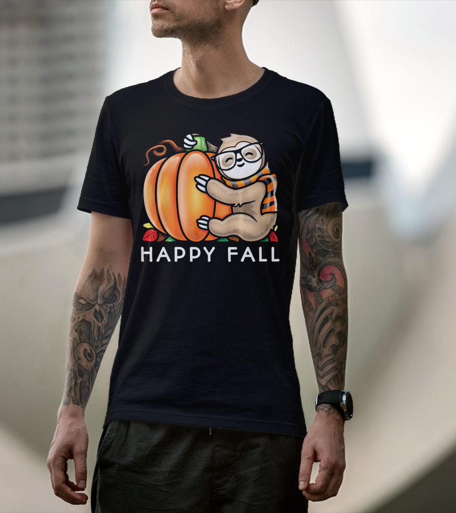Happy Fall Cute Sloth Glasses Scarf Pumpkin Hug T-Shirt