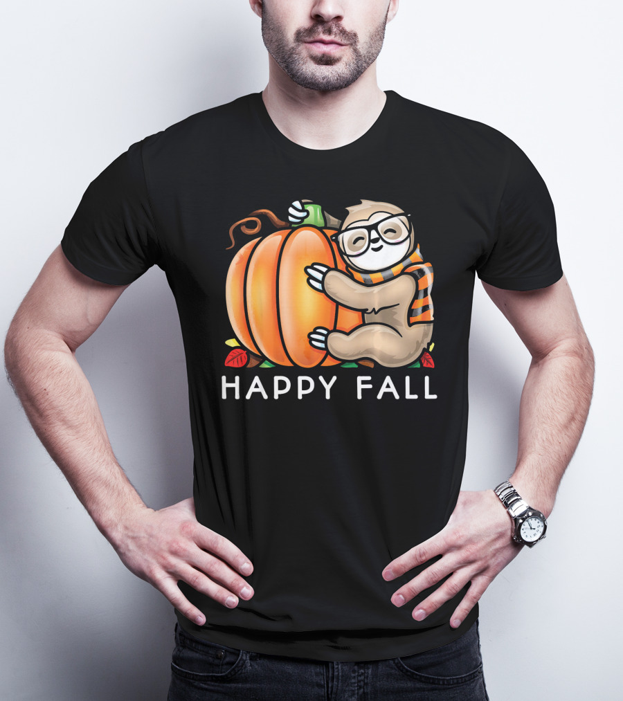 Happy Fall Cute Sloth Glasses Scarf Pumpkin Hug T-Shirt