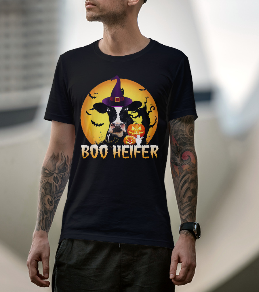 Boo Heifer Witch Hat Cow Halloween Moon Pumpkins Ghost T-Shirt