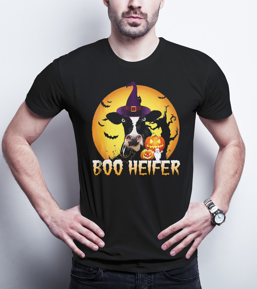 Boo Heifer Witch Hat Cow Halloween Moon Pumpkins Ghost T-Shirt