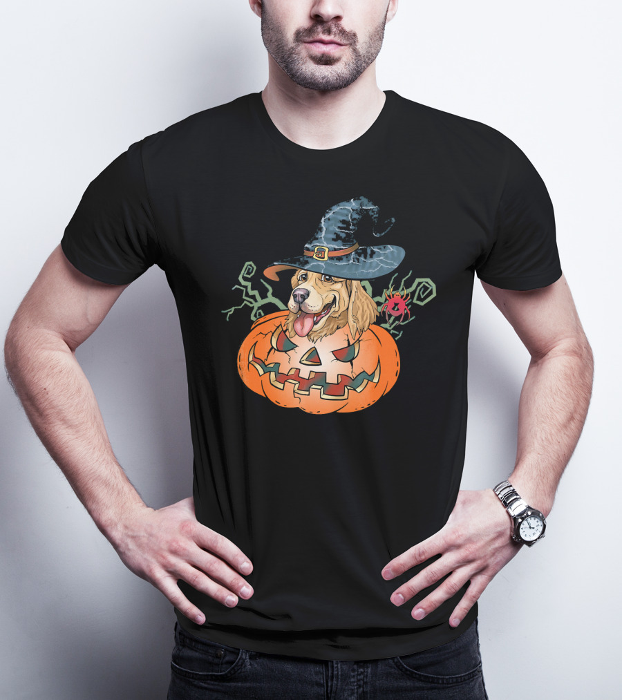 Halloween Golden Retriever Dog Lover Pumpkin Wizard Hat And Spider T-Shirt