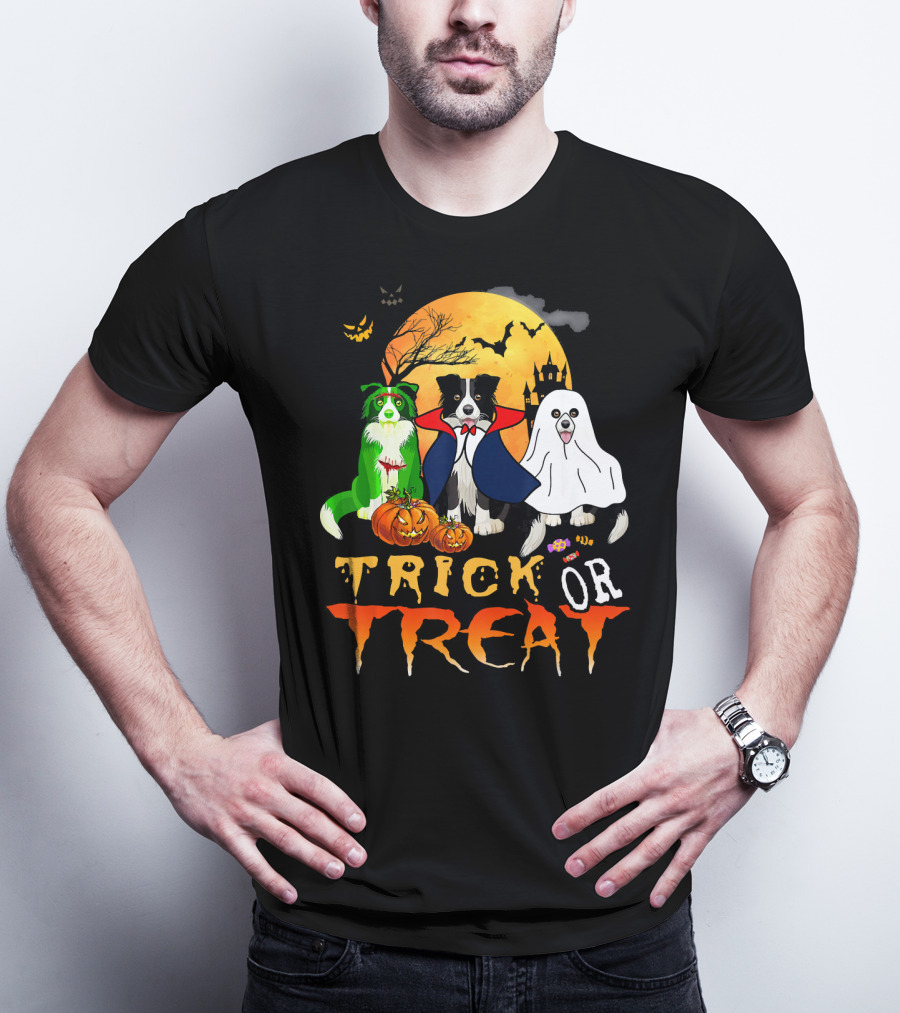 Trick Or Treat Halloween Border Collie Costumes Pumpkins Haunted Moon T-Shirt