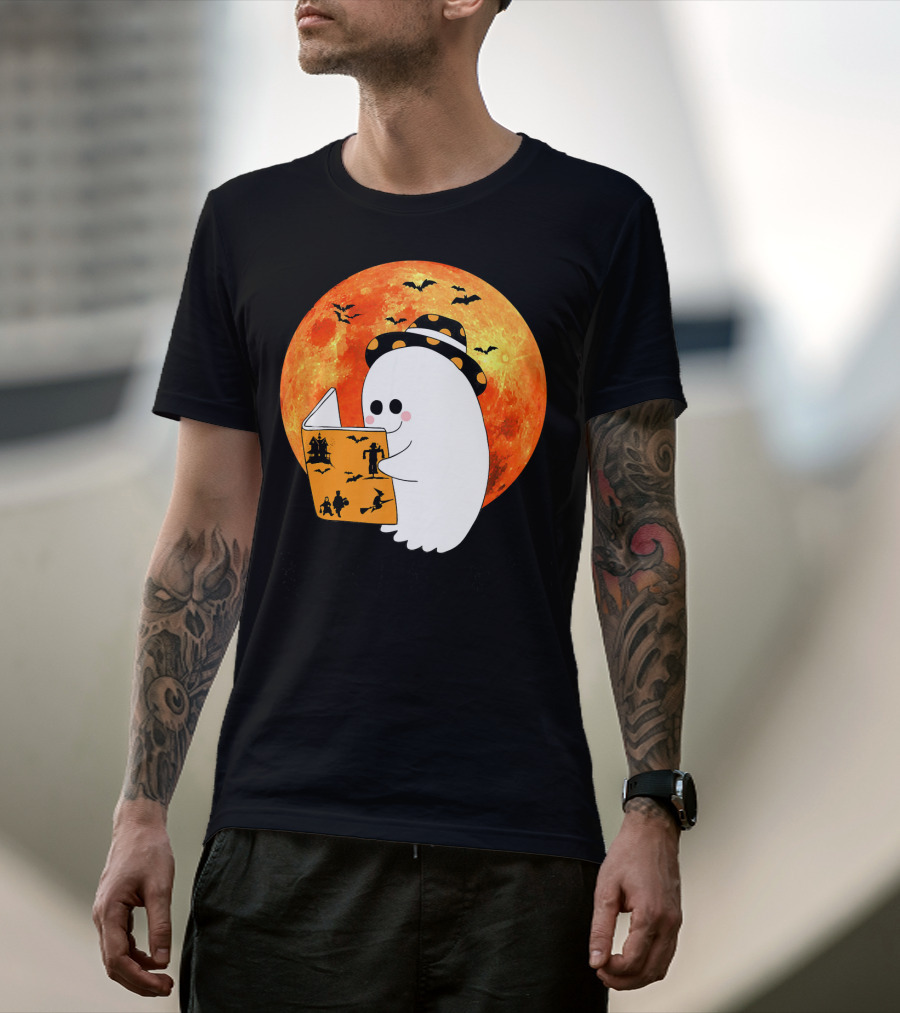 Halloween Ghost Reading Boo Books With Orange Moon And Bats T-Shirt