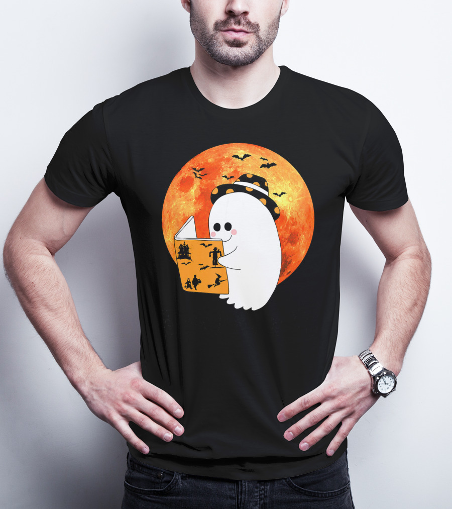 Halloween Ghost Reading Boo Books With Orange Moon And Bats T-Shirt