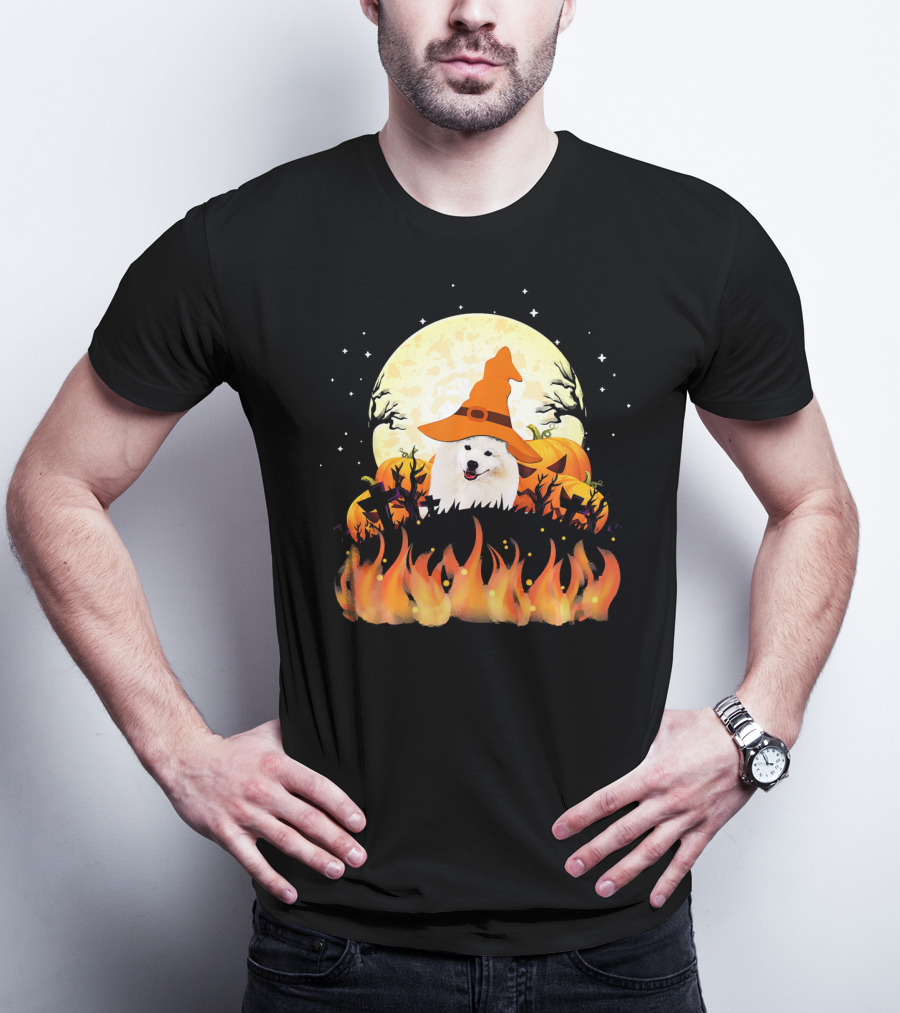 American Eskimo Dog Halloween Witch Moon Pumpkins Flames T-Shirt