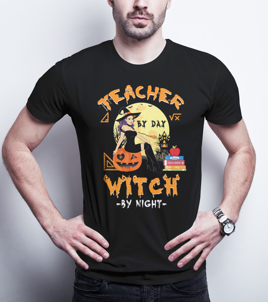 Teacher By Day Witch By Night Halloween Funny Pumpkin Moon Books T-Shirt