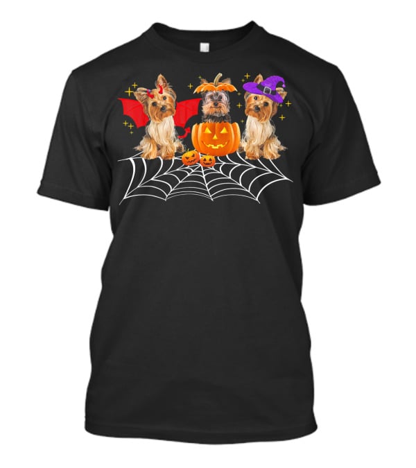 Halloween Yorkshire Terriers Pumpkin Bat Witch Spider Web T-Shirt
