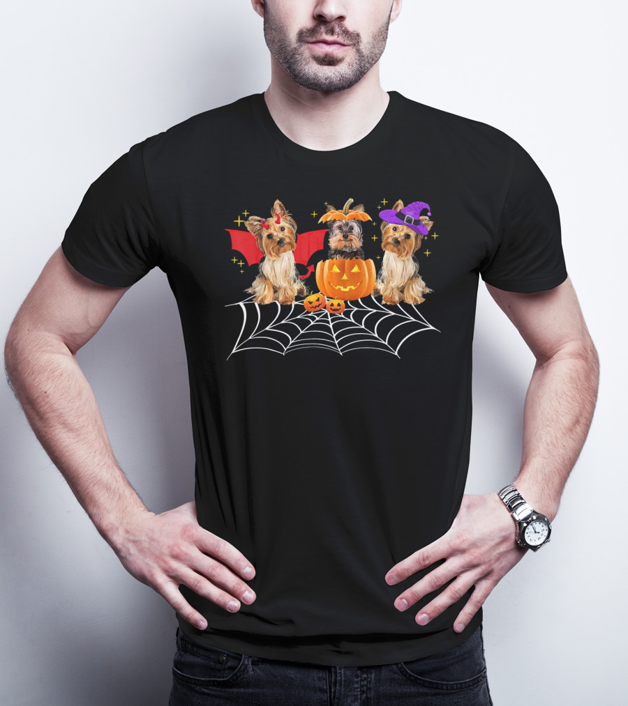 Halloween Yorkshire Terriers Pumpkin Bat Witch Spider Web T-Shirt