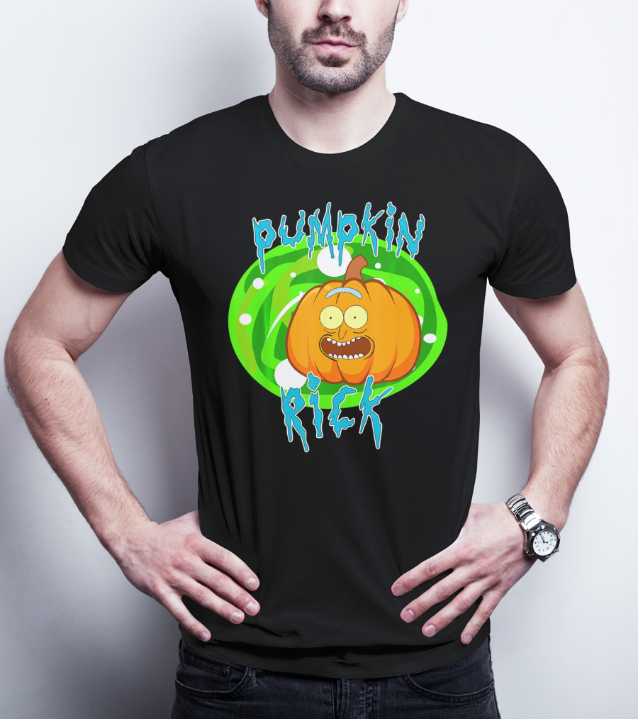 Pumpkin Rick Halloween Parody With Green Portal And Cartoon Face T-Shirt