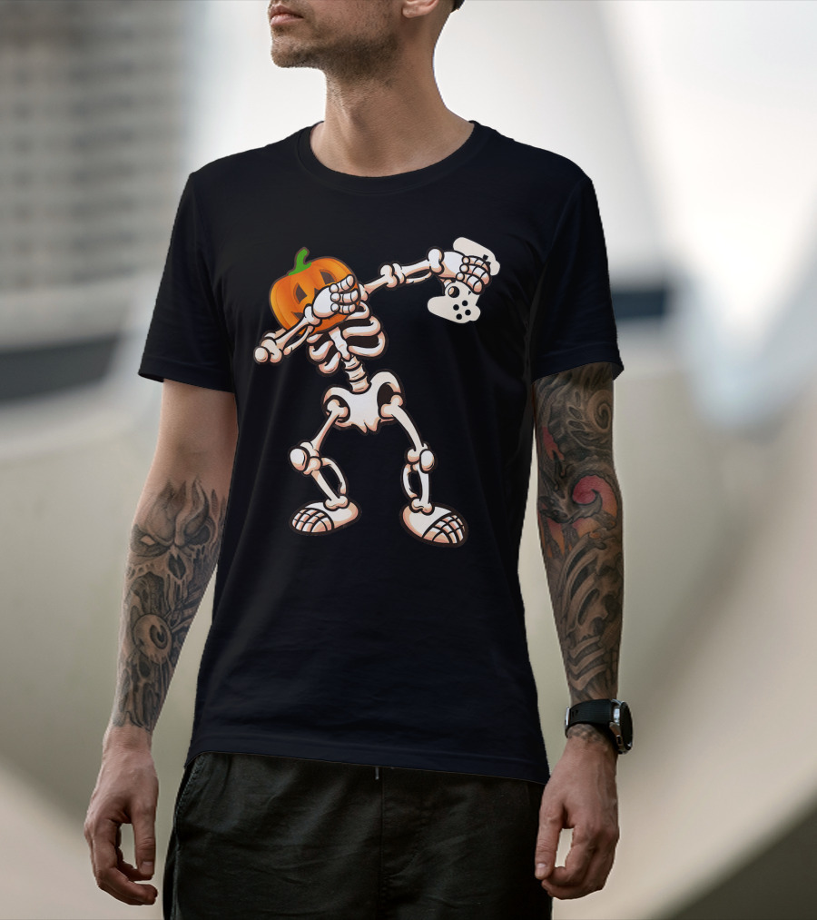 Halloween Dabbing Skeleton Pumpkin Head Video Game Controller T-Shirt