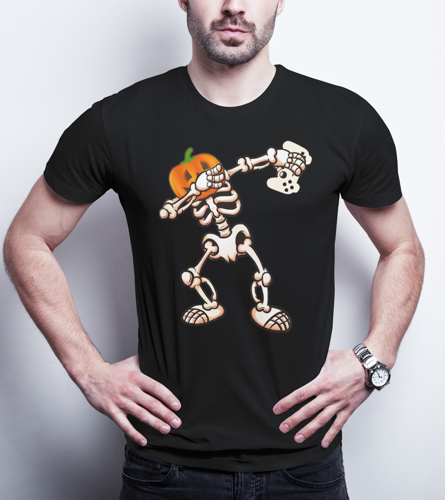 Halloween Dabbing Skeleton Pumpkin Head Video Game Controller T-Shirt