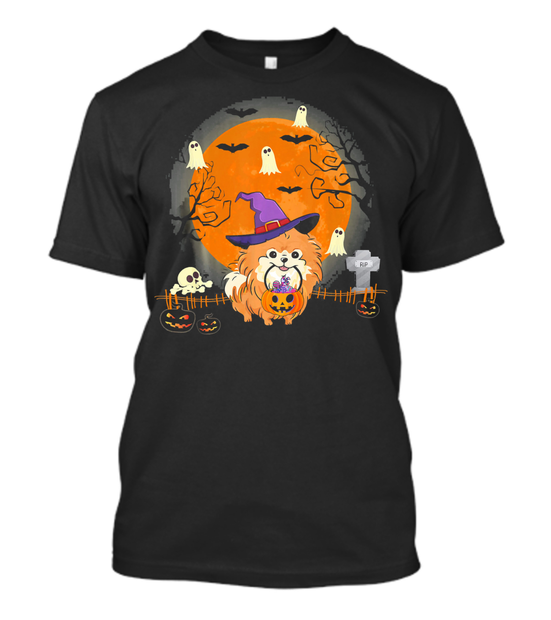 Pomeranian Witch Halloween Pumpkin Ghosts Bats Graveyard Moon T-Shirt