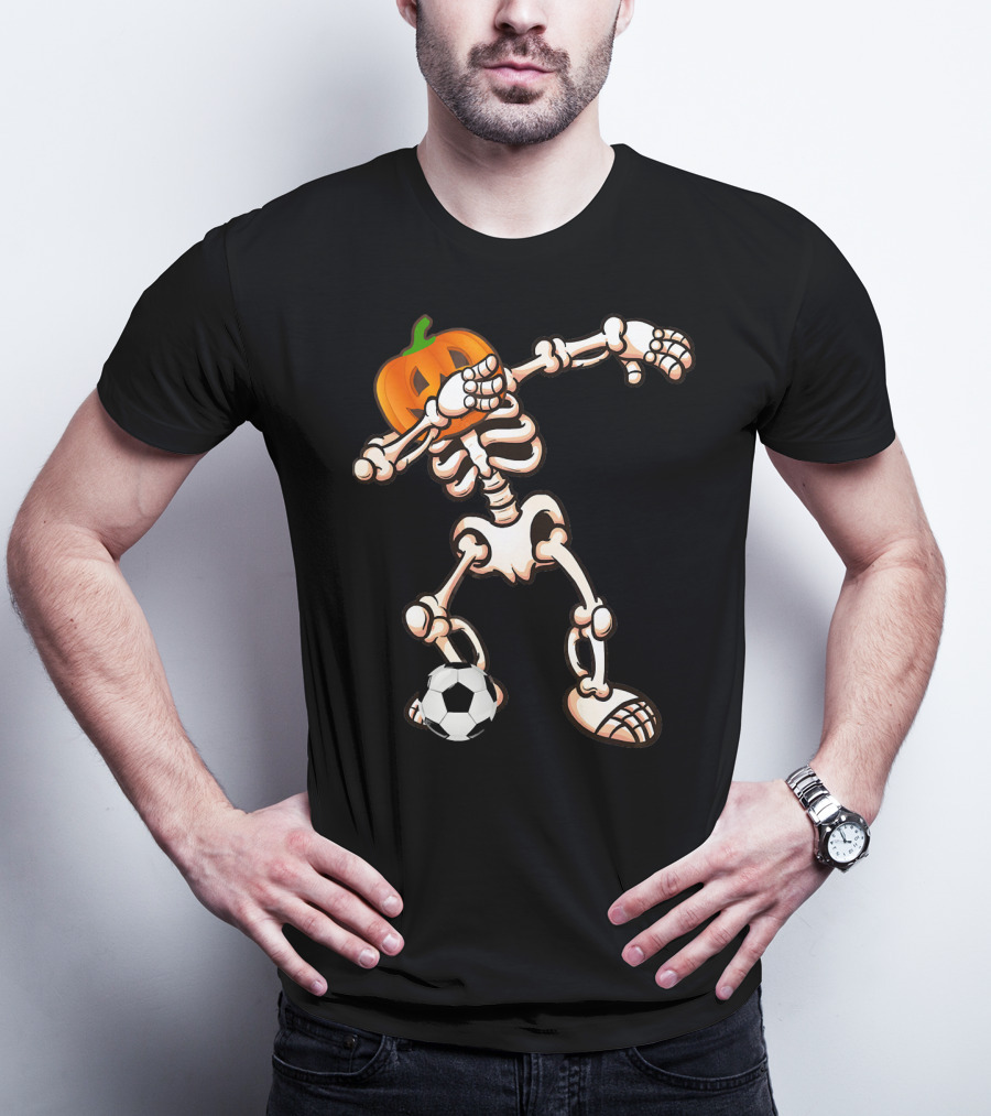 Funny Halloween Dabbing Skeleton Pumpkin Head With Soccer Ball T-Shirt