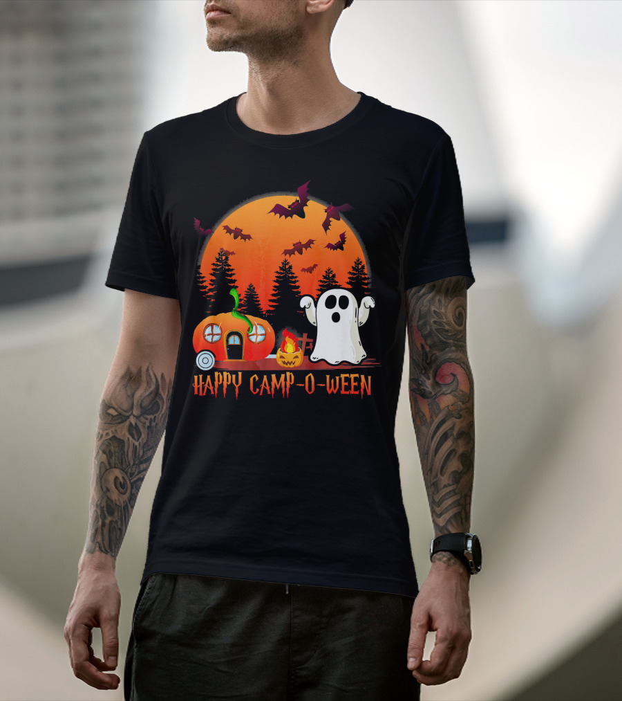 Happy Camp O Ween Funny Pumpkin Boo Ghost Moon With Bat Silhouette In Spooky Forest T-Shirt