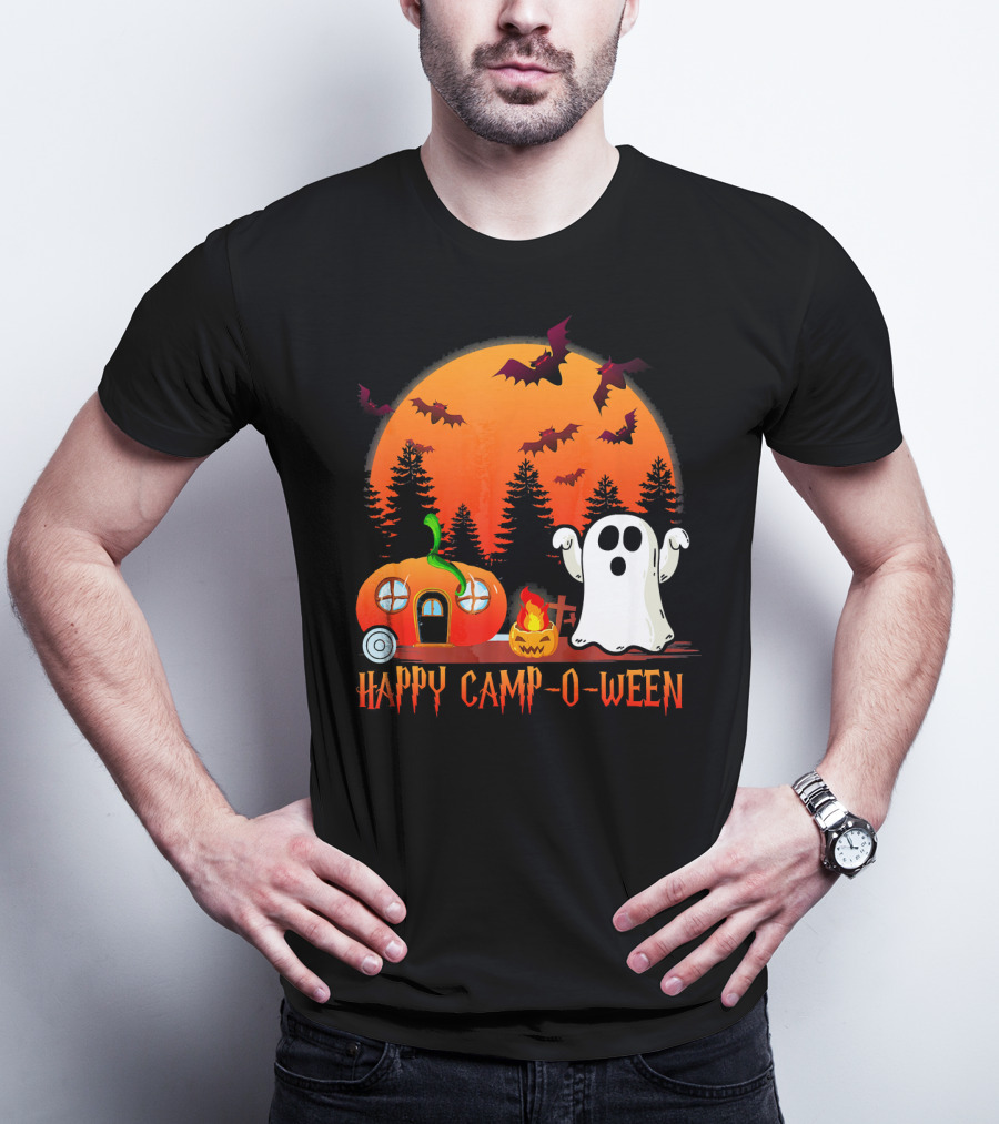 Happy Camp O Ween Funny Pumpkin Boo Ghost Moon With Bat Silhouette In Spooky Forest T-Shirt