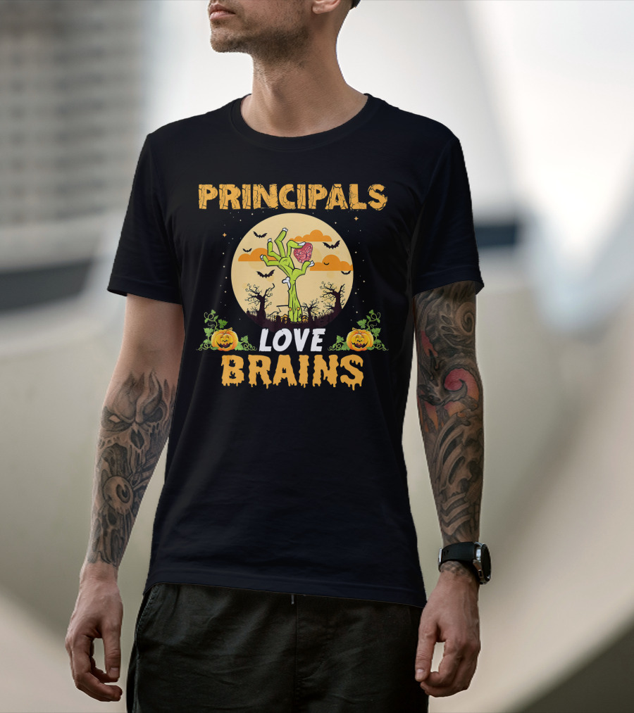 Principals Love Brains Zombies Halloween Moon Bats Pumpkins T-Shirt