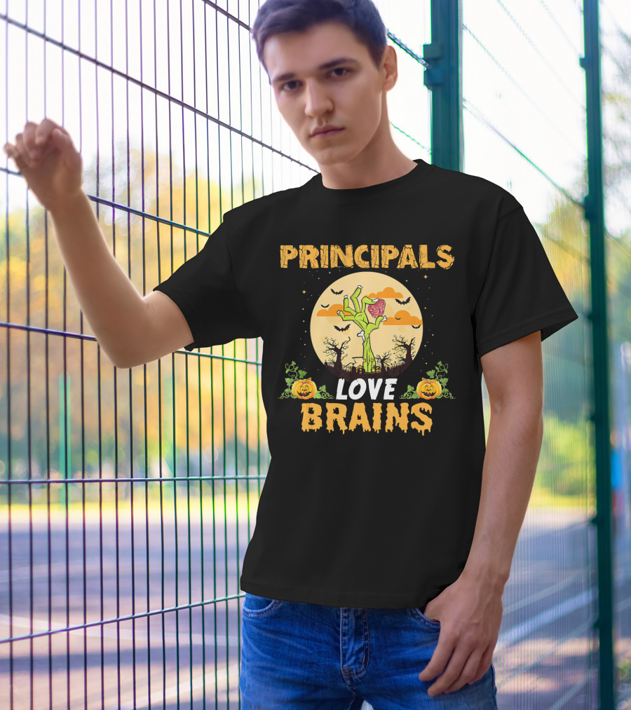 Principals Love Brains Zombies Halloween Moon Bats Pumpkins T-Shirt