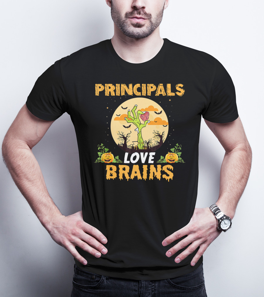 Principals Love Brains Zombies Halloween Moon Bats Pumpkins T-Shirt