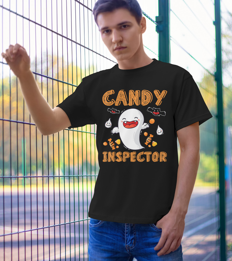 Candy Inspector Ghost Halloween Co Spooky Fun With Bats And Sweets T-Shirt