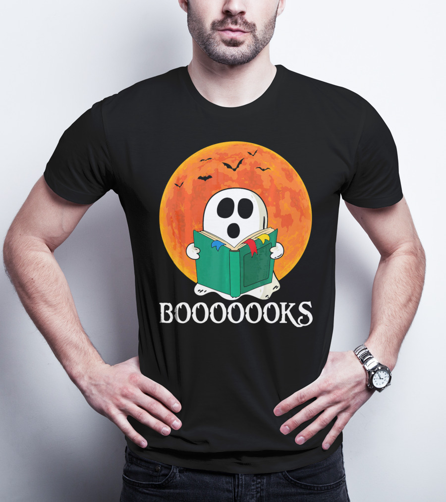 Funny Halloween Booooks Cute Ghost Reading With Full Moon And Bats T-Shirt