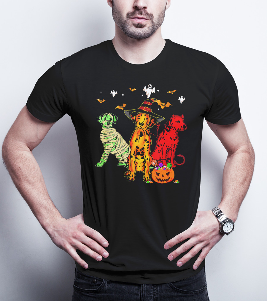 Funny Dalmatian Halloween Witch Mummy Devil Costume Party With Ghosts And Bats T-Shirt