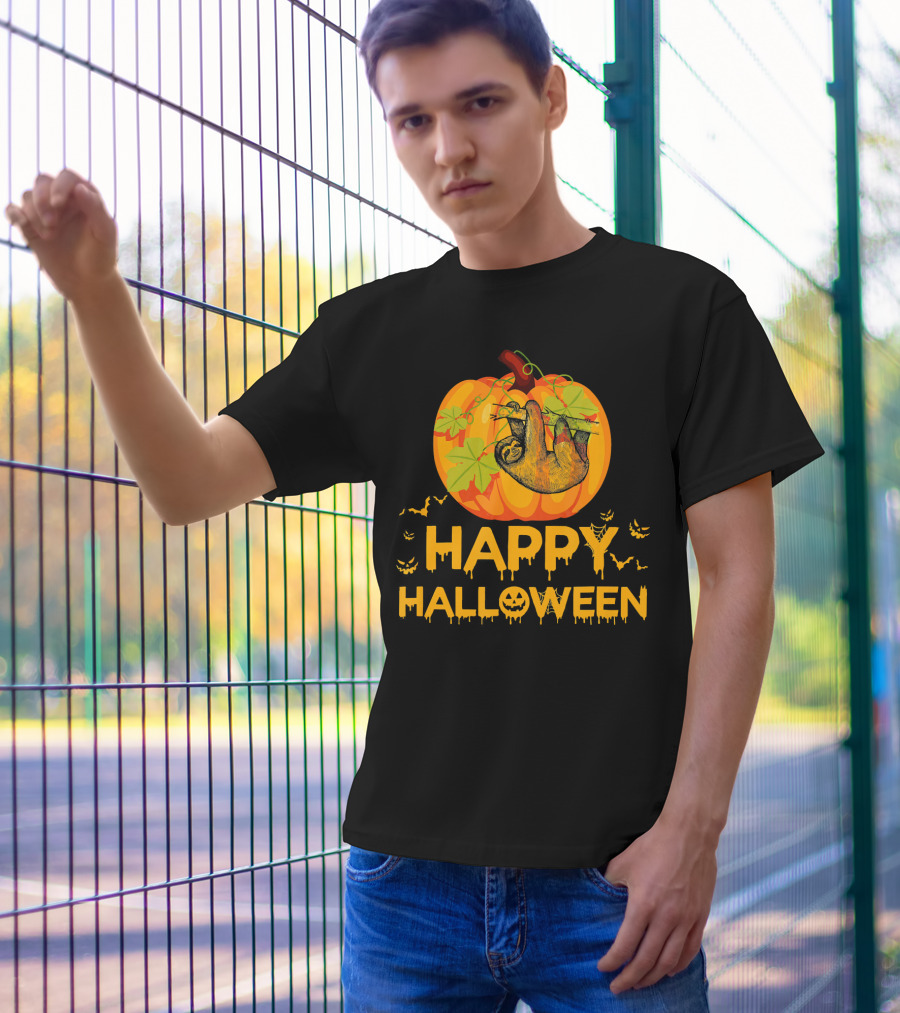 Happy Halloween Pumpkin Sloth Hanging With Bats T-Shirt