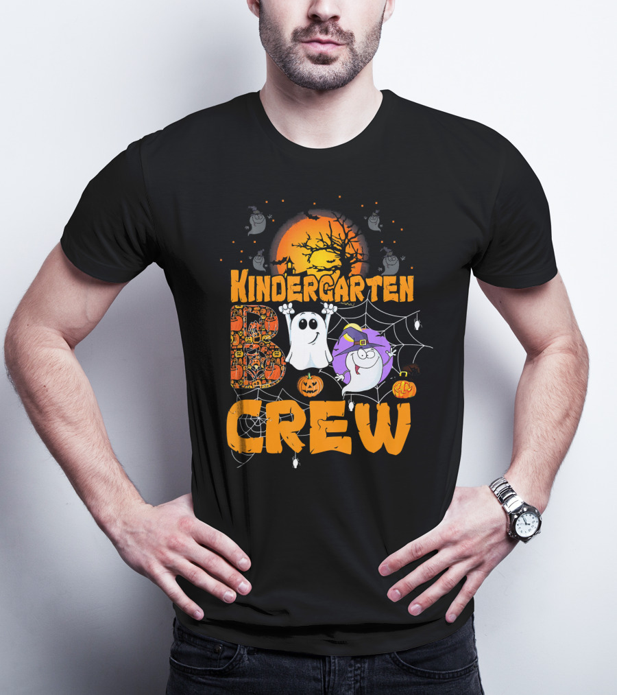 Kindergarten Boo Crew Halloween Teacher Ghosts Pumpkin Moon T-Shirt