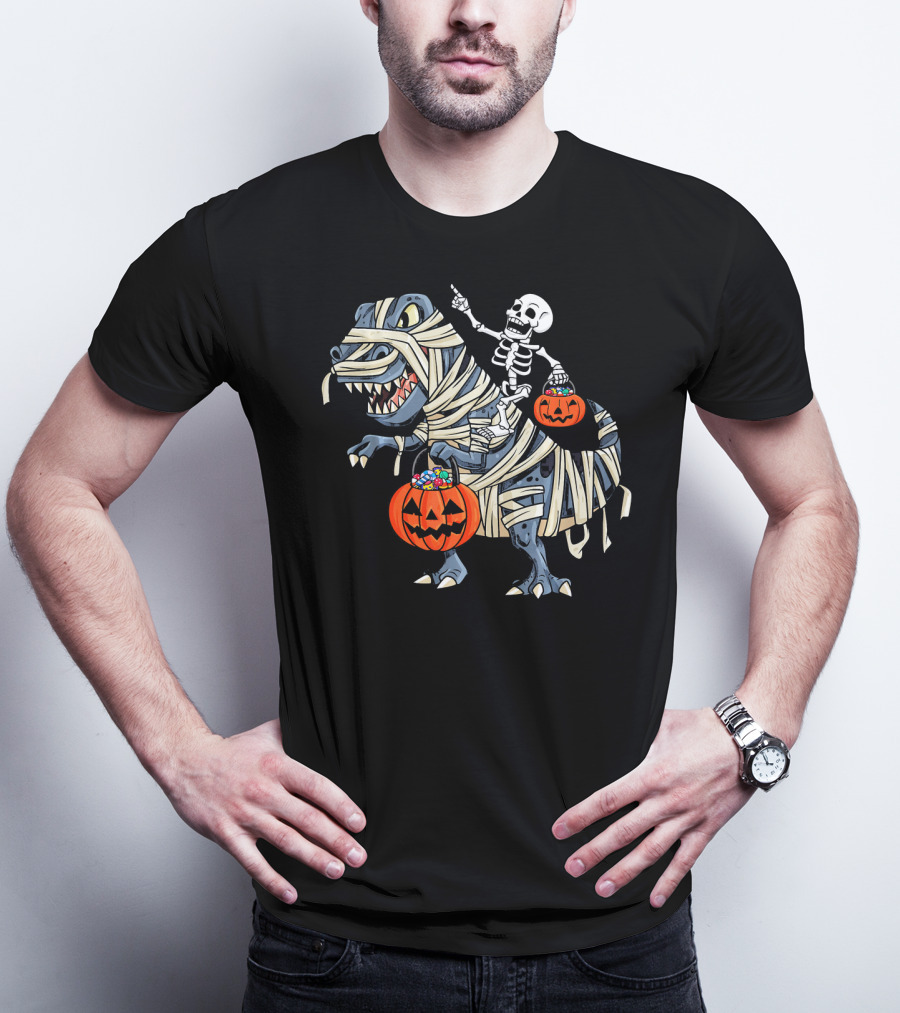 Skeleton Riding Mummy T-Rex With Pumpkin Candy Buckets Halloween Bo T-Shirt