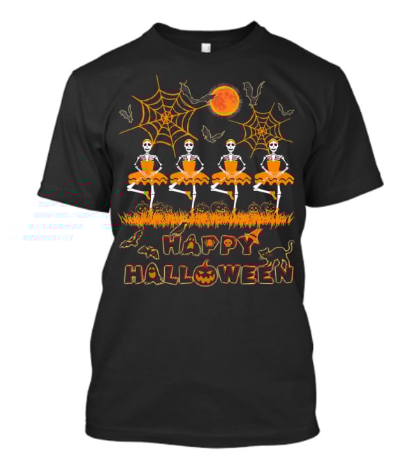 Happy Halloween Dancing Ballet Skeletons With Spiders And Bats T-Shirt