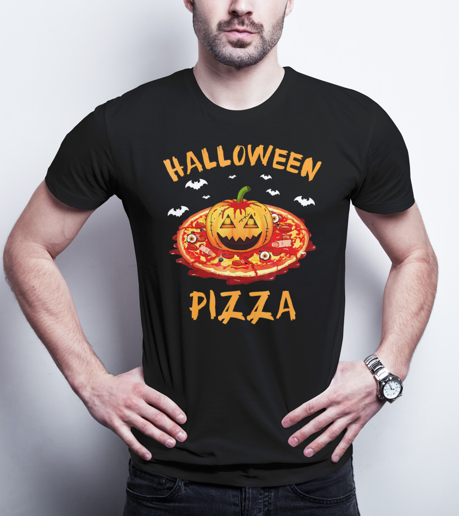 Halloween Pizza Pumpkin With Bats And Spooky Toppings T-Shirt