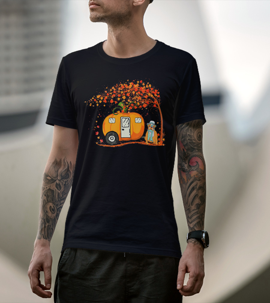 Bulldog With Pumpkin Camping Van Under Autumn Tree T-Shirt