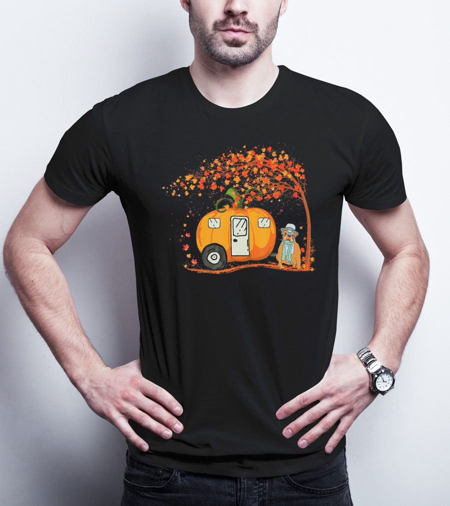 Bulldog With Pumpkin Camping Van Under Autumn Tree T-Shirt