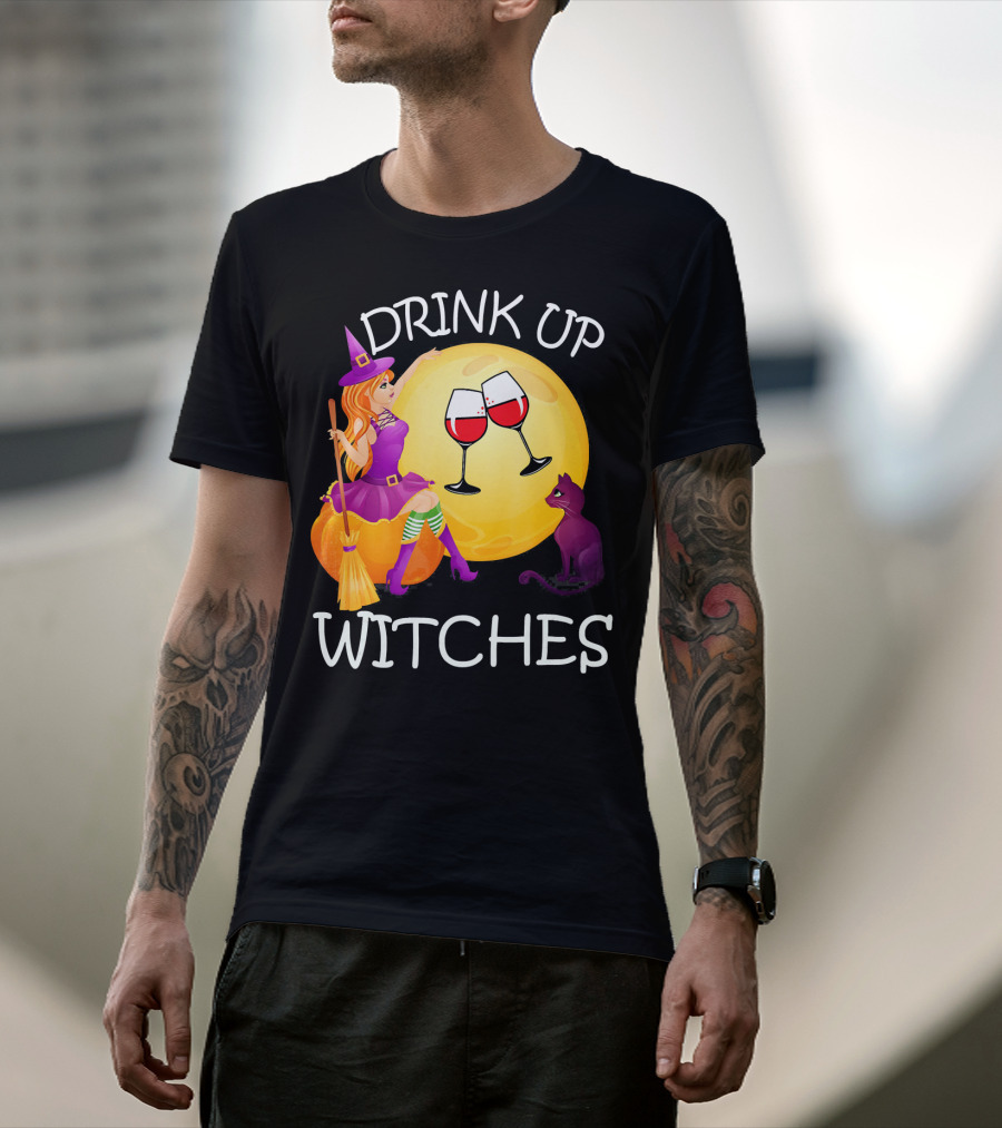 Drink Up Witches Halloween Wine Moon Cat Broomsticks T-Shirt