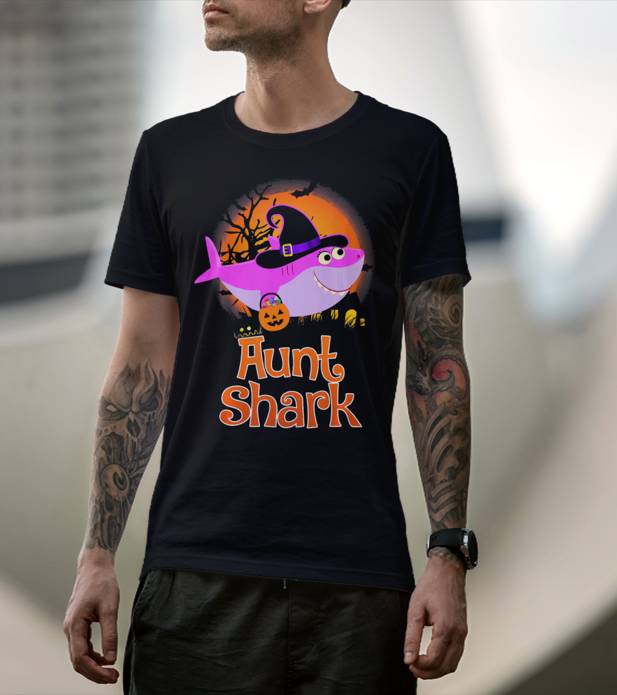 Aunt Shark Halloween Witch With Pumpkin On Orange Full Moon T-Shirt