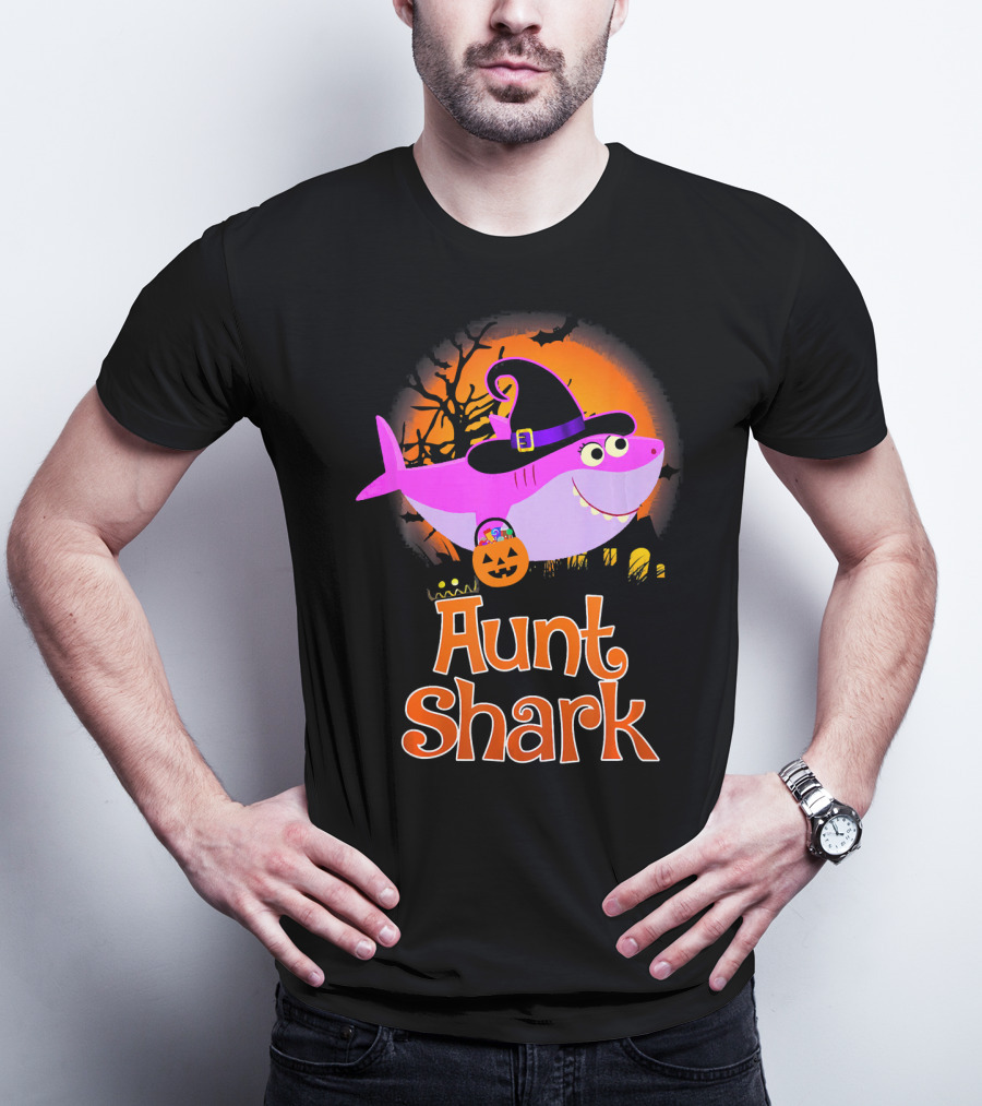 Aunt Shark Halloween Witch With Pumpkin On Orange Full Moon T-Shirt