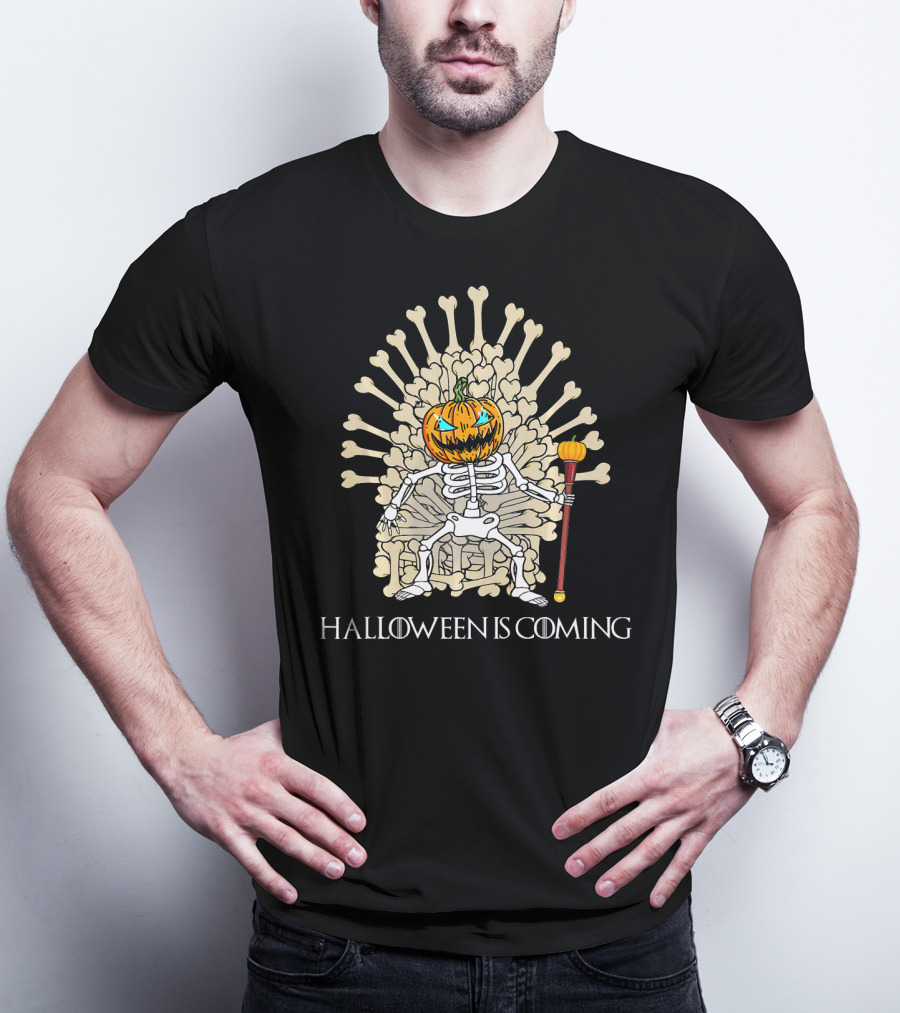 Halloween Is Coming Skeleton Pumpkin Throne T-Shirt