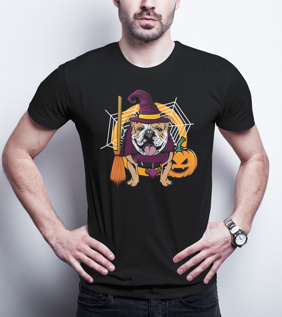 Witch Bulldog Halloween Pumpkin Broom Spiderweb T-Shirt