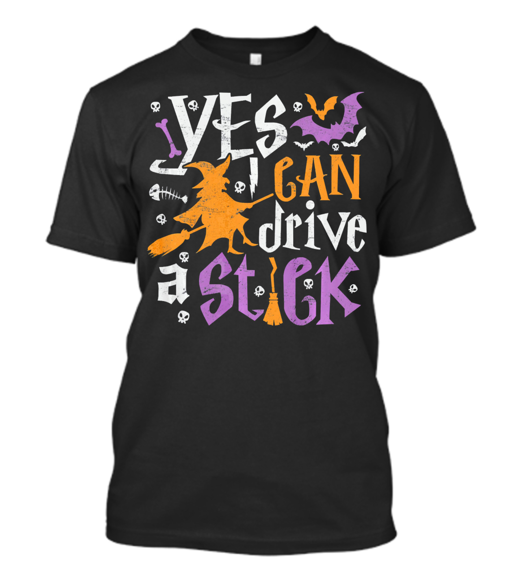 Yes I Can Drive A Stick Halloween Witch Bat Skulls Decor T-Shirt