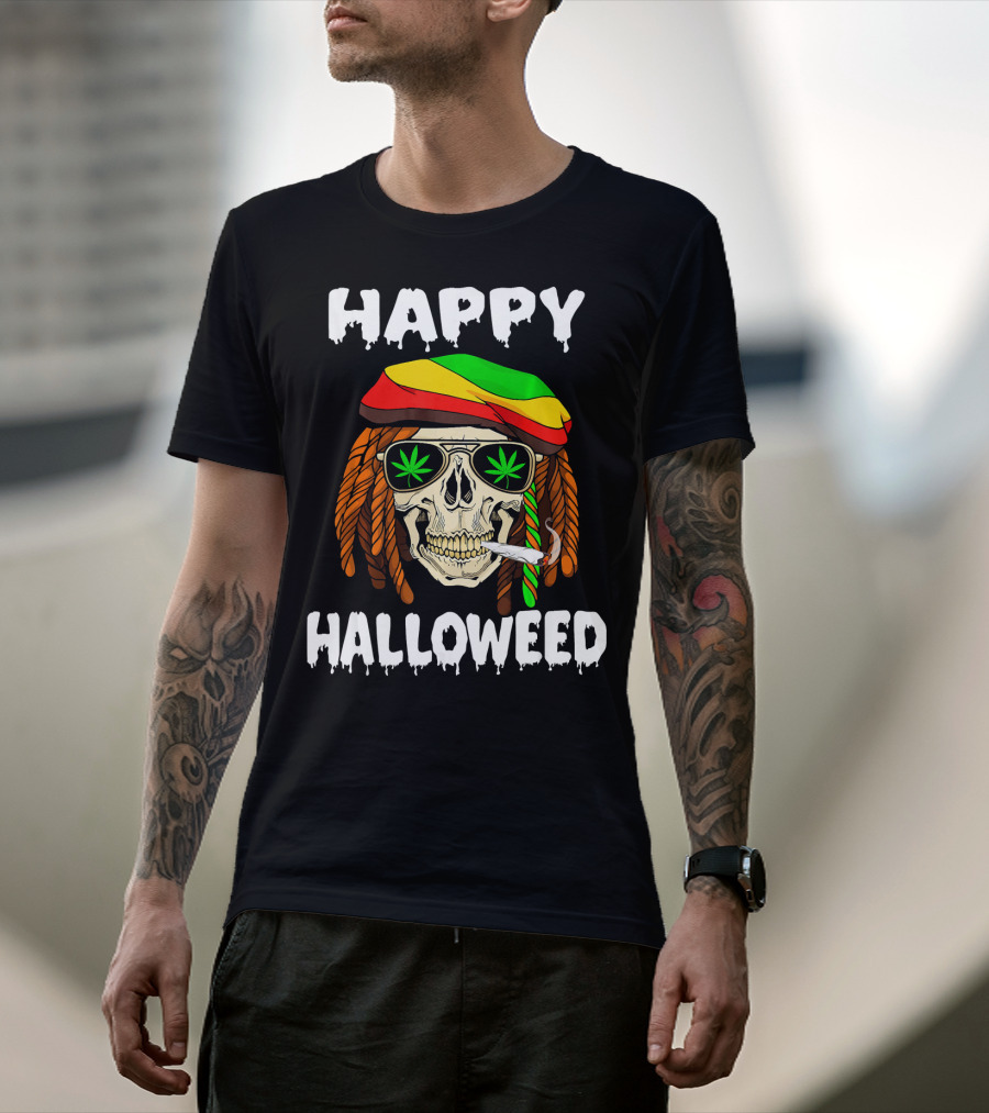 Happy Halloweed Smoking Rasta Skull With Cannabis Sunglasses T-Shirt