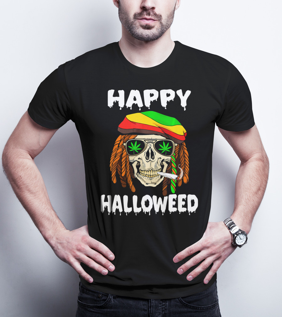 Happy Halloweed Smoking Rasta Skull With Cannabis Sunglasses T-Shirt