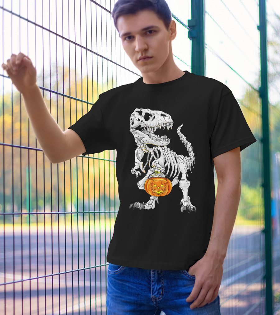 T Rex Skeleton Halloween Costume Dinosaur Pumpkin T-Shirt