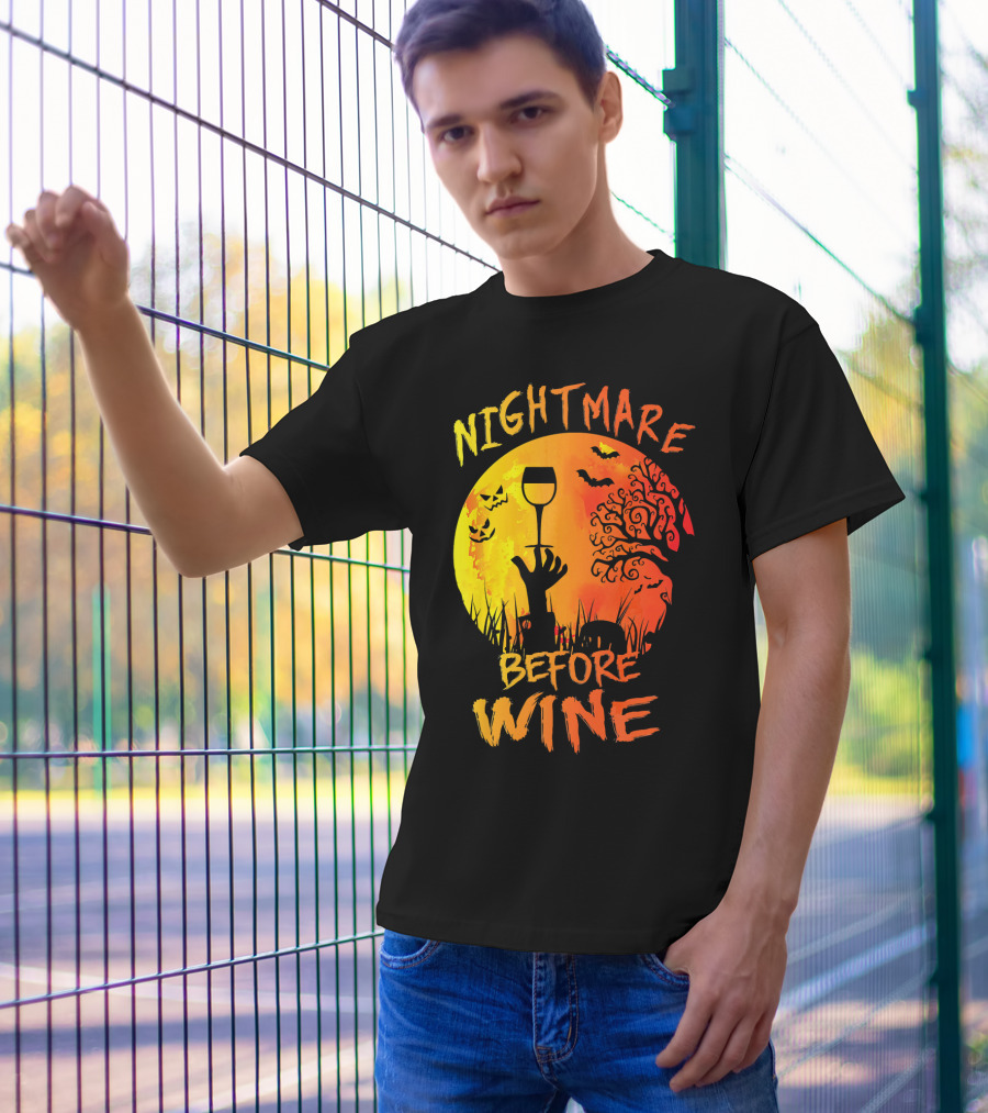 Nightmare Before Wine Halloween Scary Moon Scene T-Shirt