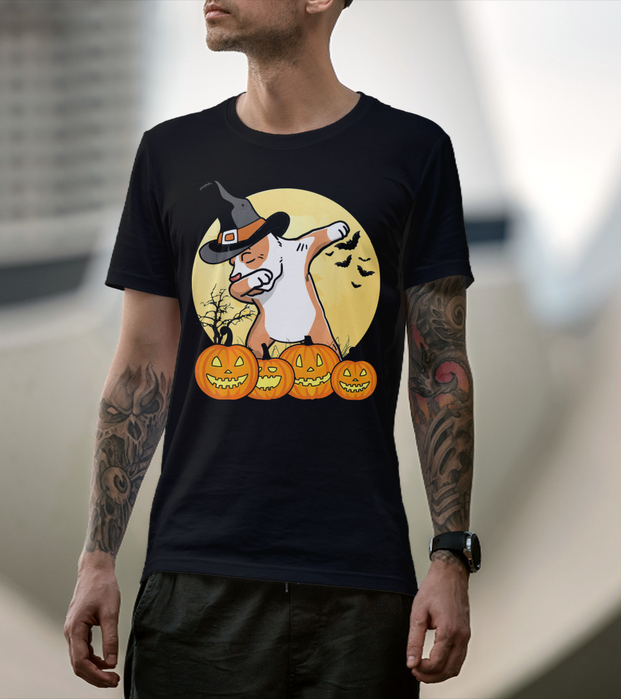 Dabbing Pit Bull Halloween Witch Hat Pumpkins Bats Dance Funny Dog T-Shirt
